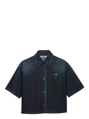 Prada Short-sleeved Denim Shirt With Enameled Triangle Logo - Blue