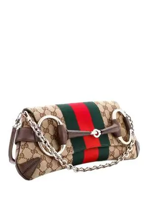 Gucci Horsebit Nm Web Chain Clutch Gg Canvas Medium Shoulder Bag - Brown