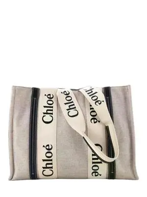 Chloé Chloé Woody Canvas With Leather Medium Tote Bag Neutrals