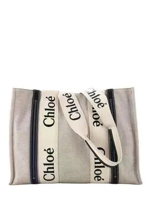 Chloé Chloé Woody Canvas With Leather Medium Tote Bag Neutrals