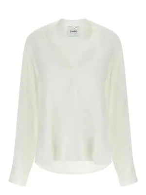NUDE Asymmetrical Hem V-neck Blouse - White