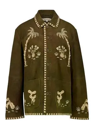 BAZISZT Embroidered Whipstitch-trim Leather Jacket - Green