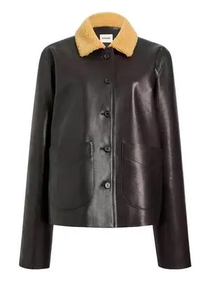 Khaite Wilson Caban Leather Shearling Collar Jacket - Black