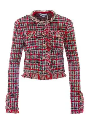 SELF-PORTRAIT Checked Frayed Knit Jacket With Embellished Collar
