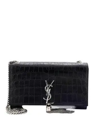 Saint Laurent Monogram Tassel Crocodile Embossed Leather Medium Crossbody Bag - Black