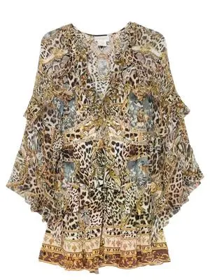 Camilla Ruffled Silk Leopard Print Mini Dress - Brown