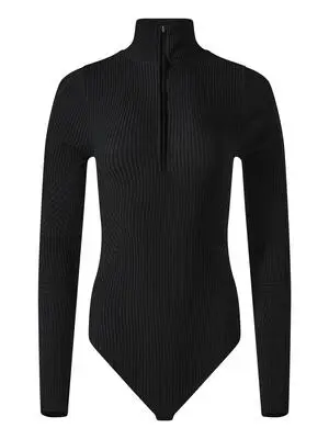 Perfect Moment Ribbed Wool Blend Zip Neck Bodysuit - Black
