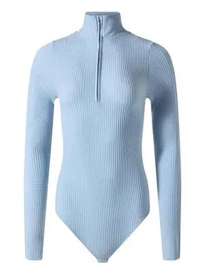 Perfect Moment Ribbed Wool Blend Zip Neck Bodysuit - Cloud-blue