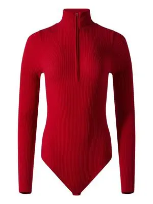 Perfect Moment Ribbed Wool Blend Zip Neck Bodysuit - Red