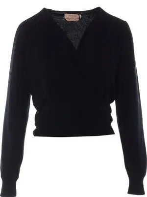 TWINSET Cropped V-neck Long Sleeve Sweater - Black