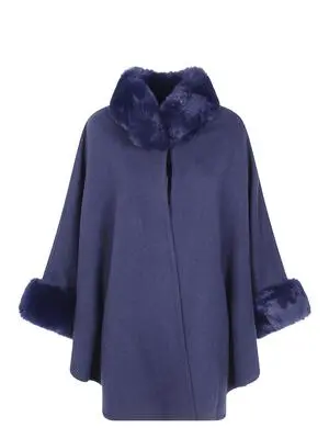 TWINSET Faux Fur Trimmed High Collar Cape Coat - Blue