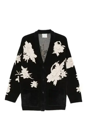 FORTE_FORTE Floral Embroidered V-neck Cardigan - Black