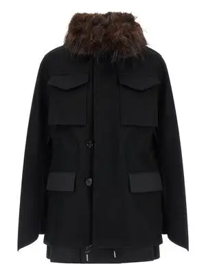 Sacai Long-sleeved Coat With Fur Collar - Black