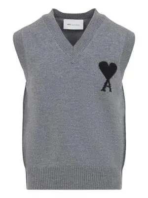 AMI Paris Sleeveless Knit Vest With Heart Motif - Grey