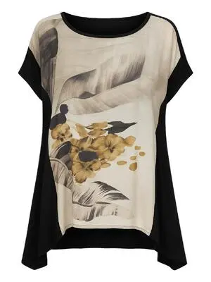 CONQUISTA Floral Brushstroke Silk-feel Top - Black
