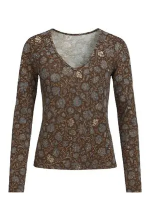 CONQUISTA Floral Print Long-sleeve V-neck Top - Blue/brown