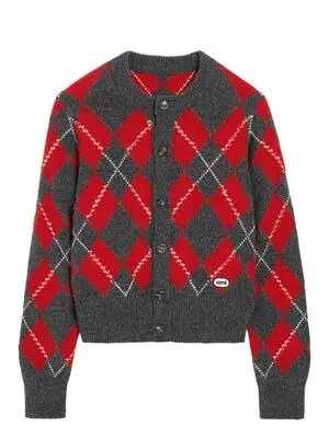 AMI Paris Grey Wool Argyle Cardigan - Carbon Gray/ruby Red