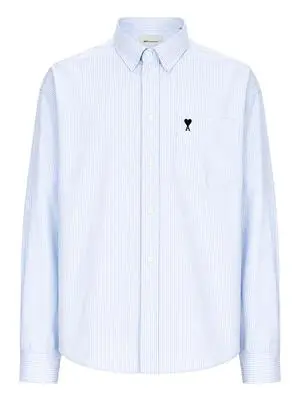 AMI Paris Striped Button-down Shirt With Embroidered Logo - Azure