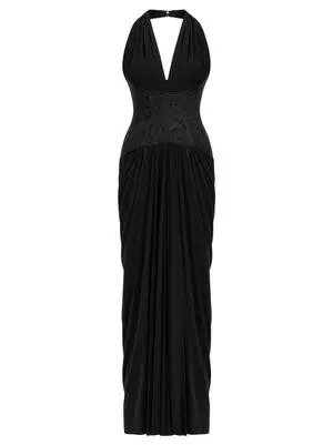 NOCTURNE Jacquard Halter Neck Maxi Dress With Front Slit - Black