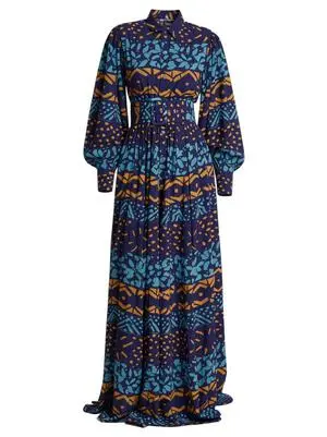 OFUURE Anu Maxi Shirt Dress With Bishop Sleeves And Geometric Print - Blue