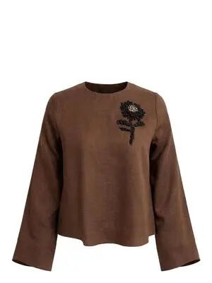 EXQUISE Exquise Long Sleeve Linen Blouse With Embroidered Detail