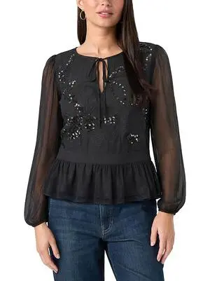 LIVERPOOL Embellished Boat Neck Long Sleeve Top - Black