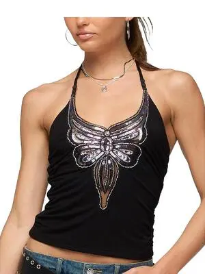 EDIKTED Butterfly Bead & Sequin Halter Top - Black