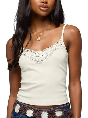 EDIKTED Crochet Ribbed Tank Top - Ivory