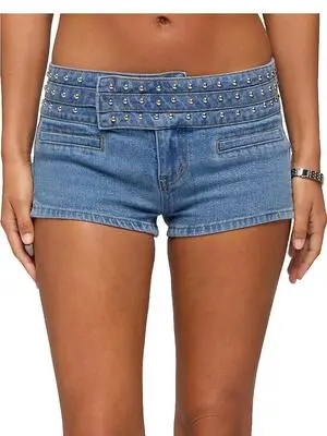 EDIKTED Odetta Studded Low Rise Denim Shorts - Light-blue