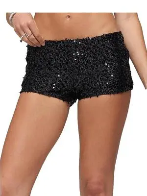 EDIKTED Annael Sequin Knit Micro Shorts - Black