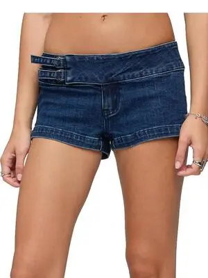 EDIKTED Double Belted Low Rise Denim Shorts - Blue