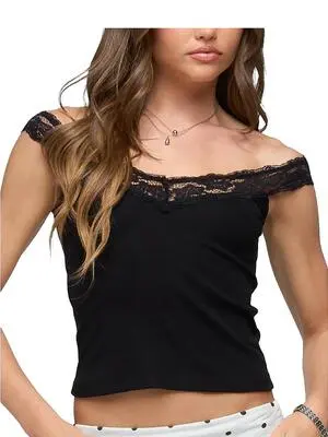 EDIKTED Freyah Off Shoulder Lace Trim Top - Black
