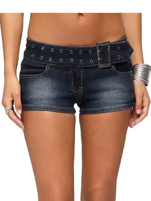 EDIKTED Belted Denim Micro Shorts - Blue