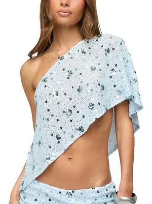 EDIKTED Zephyra One Shoulder Beaded Sequin Poncho - Light-blue