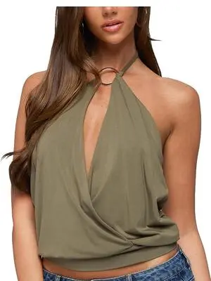 EDIKTED Metta Ring Cutout Halter Top - Olive