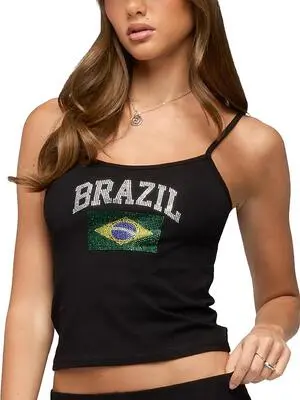 EDIKTED Embellished Brazil Flag Tank Top - Black