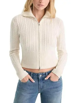 Good American Wool Cashmere Cable Zip Up Sweater - Chalk