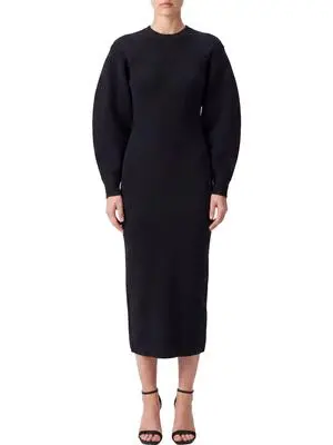 Loulou De Saison Elena Viscose-blend Knit Midi Dress With Balloon Sleeves - Black