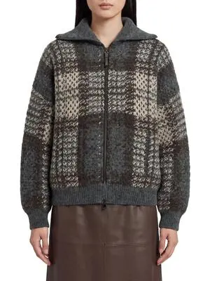 Brunello Cucinelli Check Wool-blend Zip-up Cardigan With Sequins - Grey