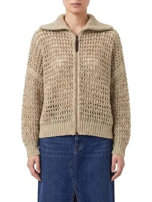 Brunello Cucinelli Wool And Cashmere Zip Cardigan With Dropped Shoulders - Beige
