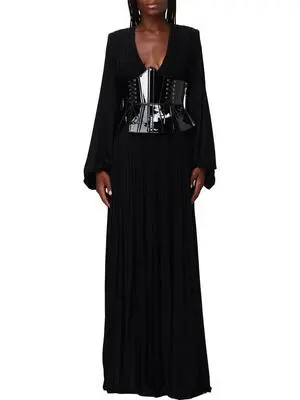 Elisabetta Franchi Long Sleeve V-neck Corset Gown - Black