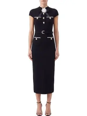 SELF-PORTRAIT Wool Crepe Sheath Midi Dress With Jeweled Buttons And Bow Detail - Black