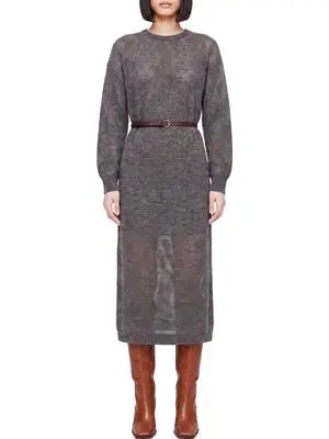 Brunello Cucinelli Mohair Blend Midi Knit Dress With Belt And Crewneck Grey