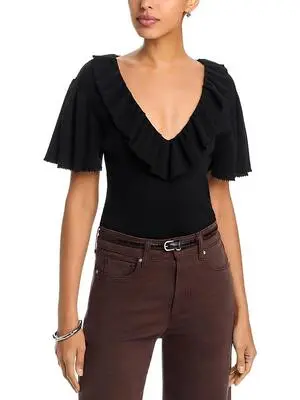 Paige Inaya Merino Wool & Cotton Top With Ruffle Neckline - Black