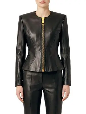 Balmain Slim Fit Short Padded Shoulder Lambskin Leather Jacket - Black