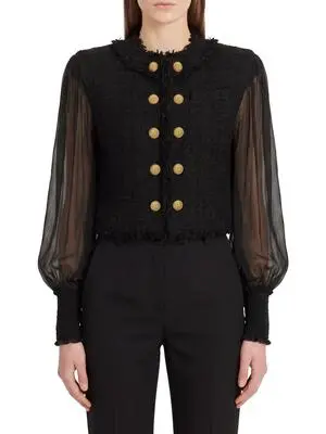 BALMAIN Balmain Cropped Tweed Spencer Jacket With Puff Sleeves And Frayed Details