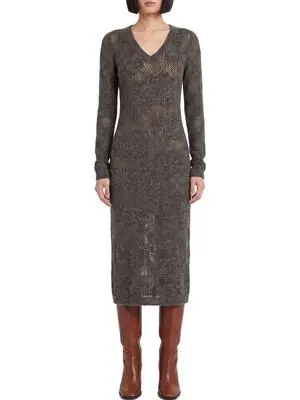 Brunello Cucinelli Slim Fit V-neck Wool Knit Midi Dress - Grey