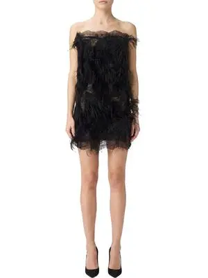 Attico Feather And Lace Trimmed Mini Sheath Dress - Black