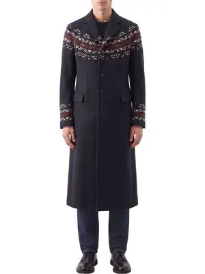 Dries Van Noten Ethnic Pattern Wool Blend Single-Breasted Long Coat Navy