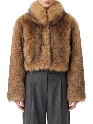 ROTATE BY BIRGER CHRISTENSEN Cropped Faux Fur High Neck Jacket - Beige
